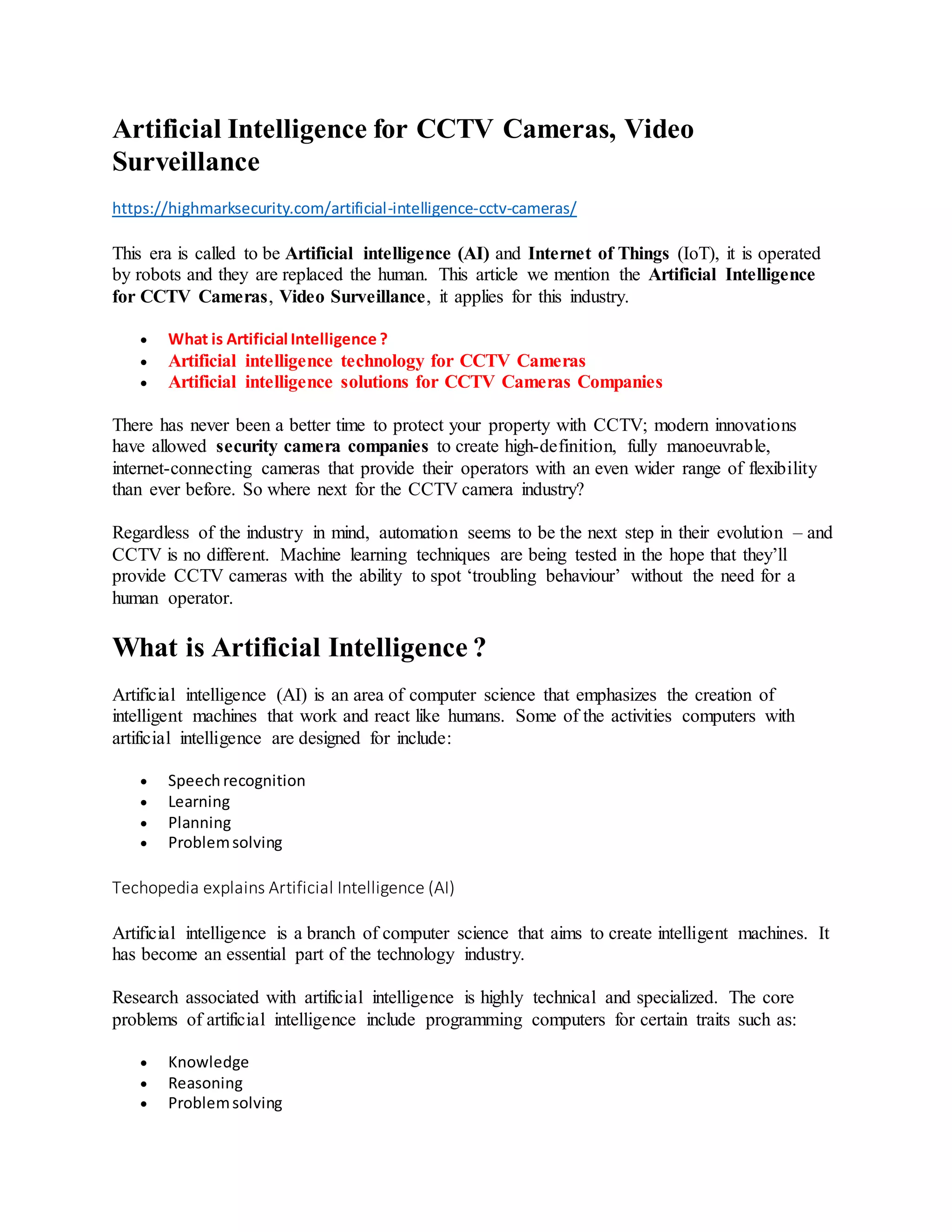 Artificial intelligence for cctv cameras, video surveillance | DOCX
