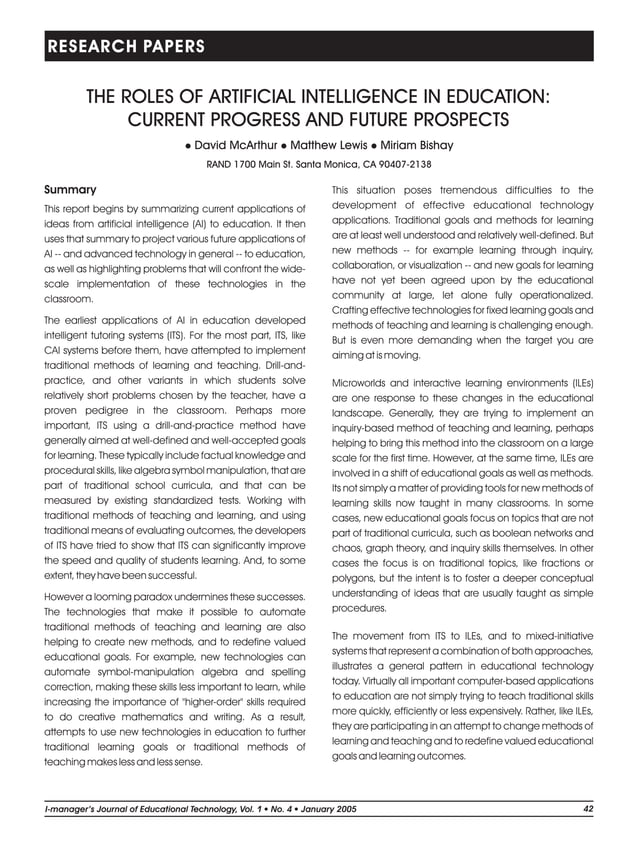 The Roles of Artificial Intelligence in Education: Current Progress and Future Prospects | PDF ...