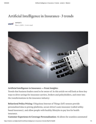 Artificial intelligence in insurance 3 trends - venkat k - medium | PDF