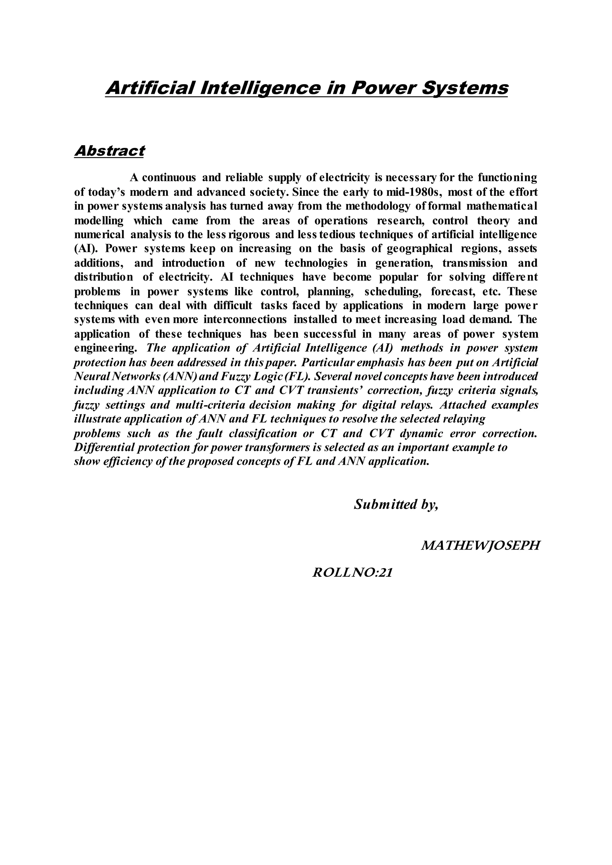 Artificial intelligence in power systems | PDF