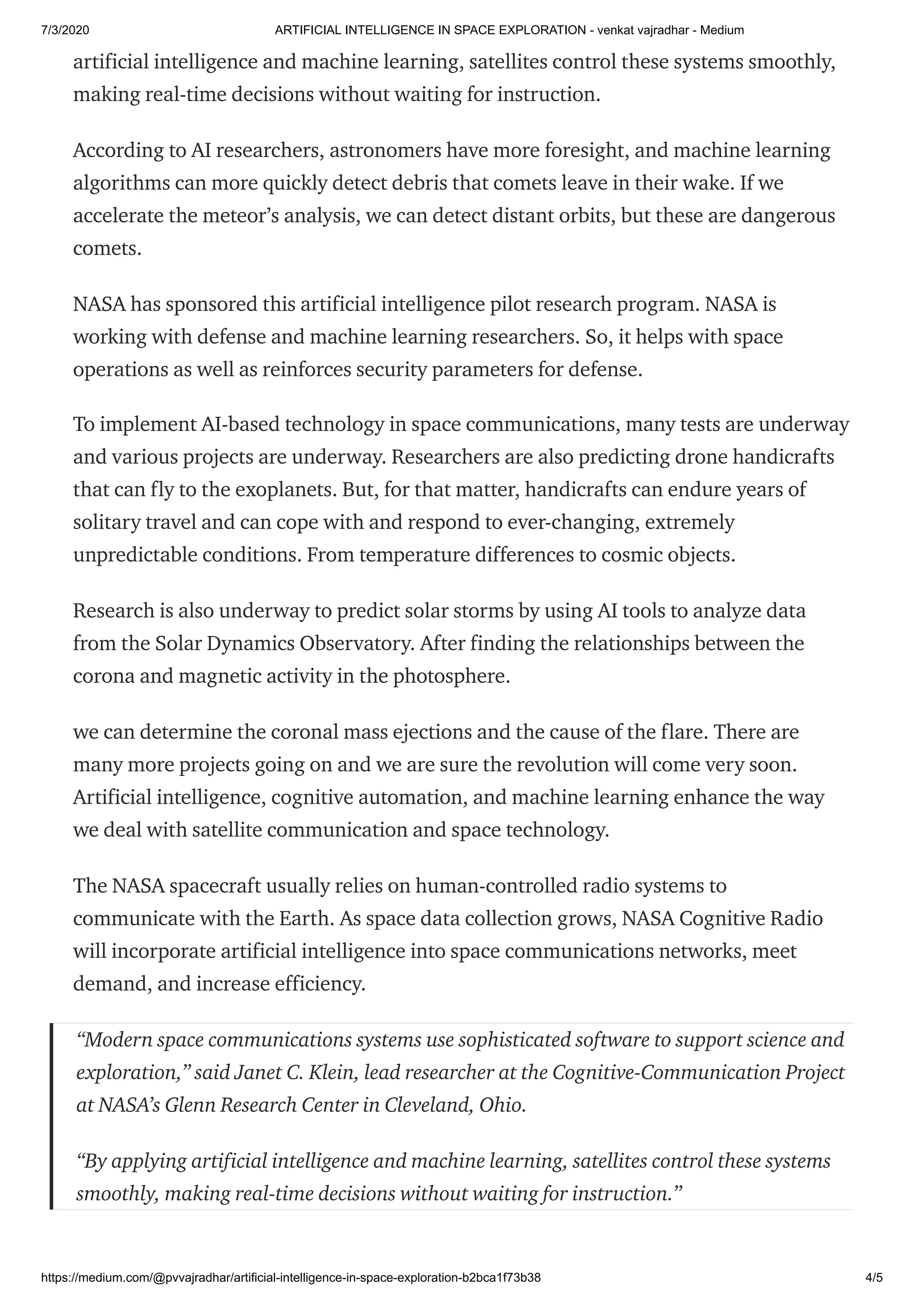 Artificial intelligence in space exploration venkat vajradhar - medium | PDF