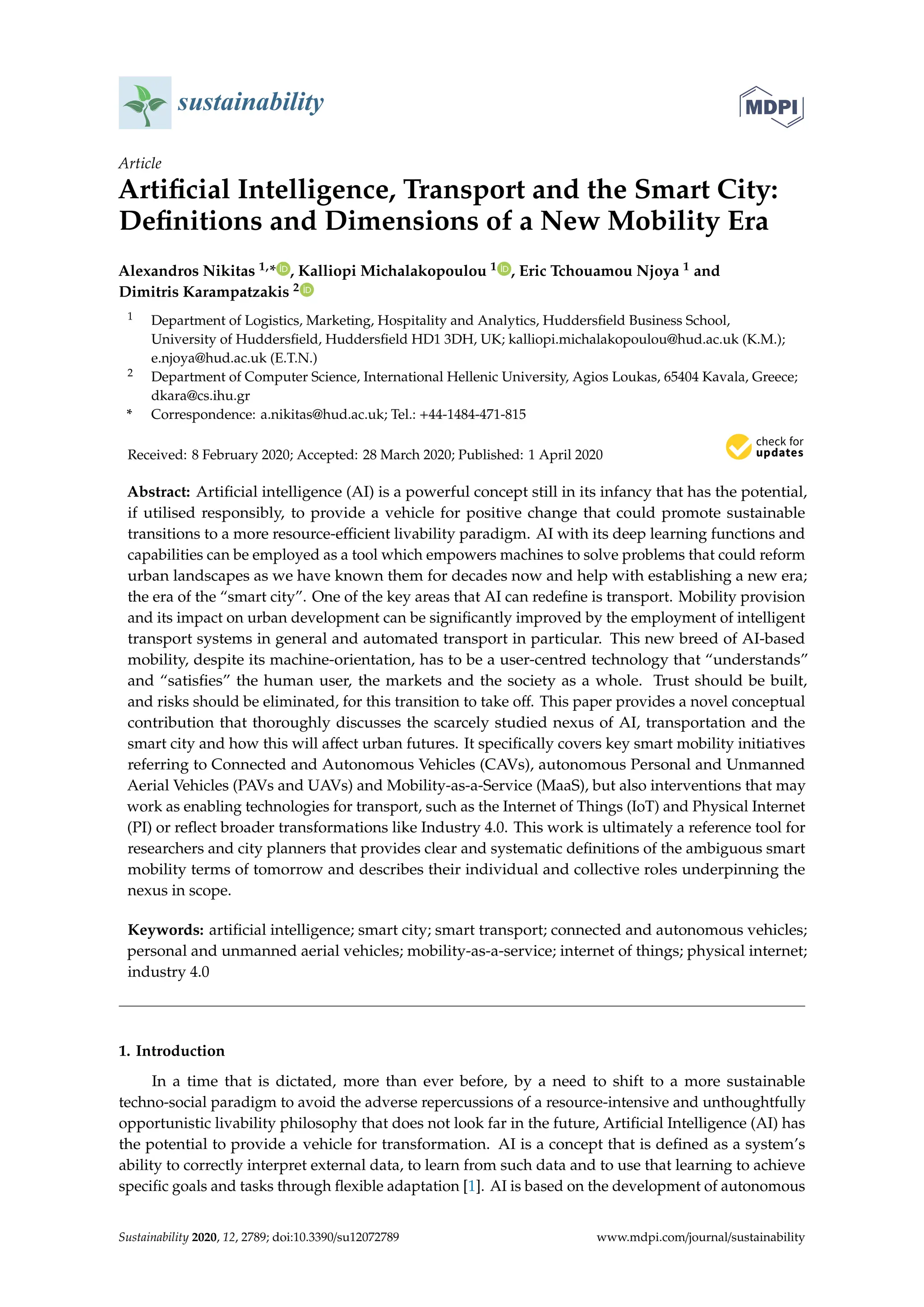 Artificial Intelligence, Transport and the Smart City Definitions and Dimensions of a New ...