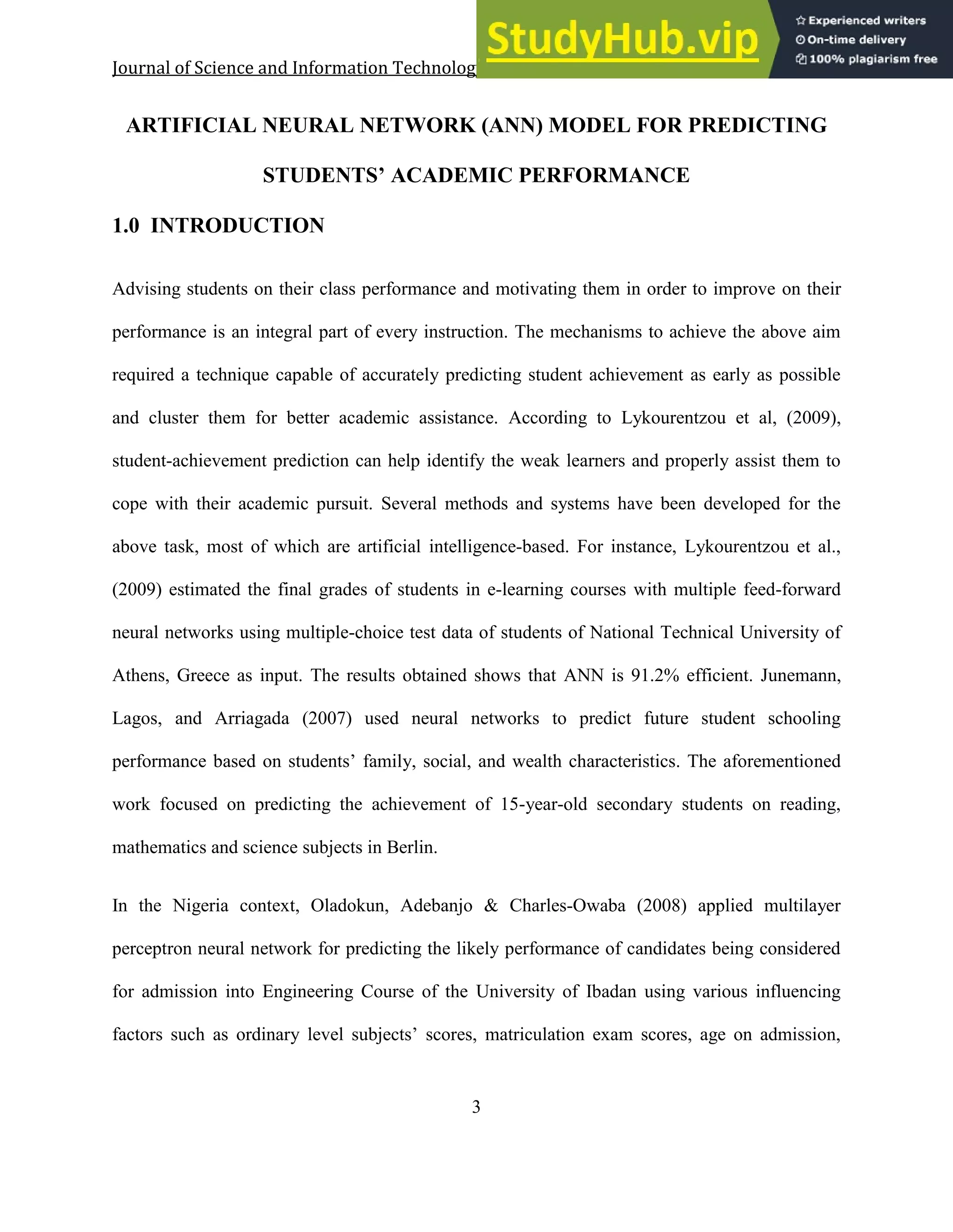 ARTIFICIAL NEURAL NETWORK (ANN) MODEL FOR PREDICTING STUDENTS ACADEMIC ...