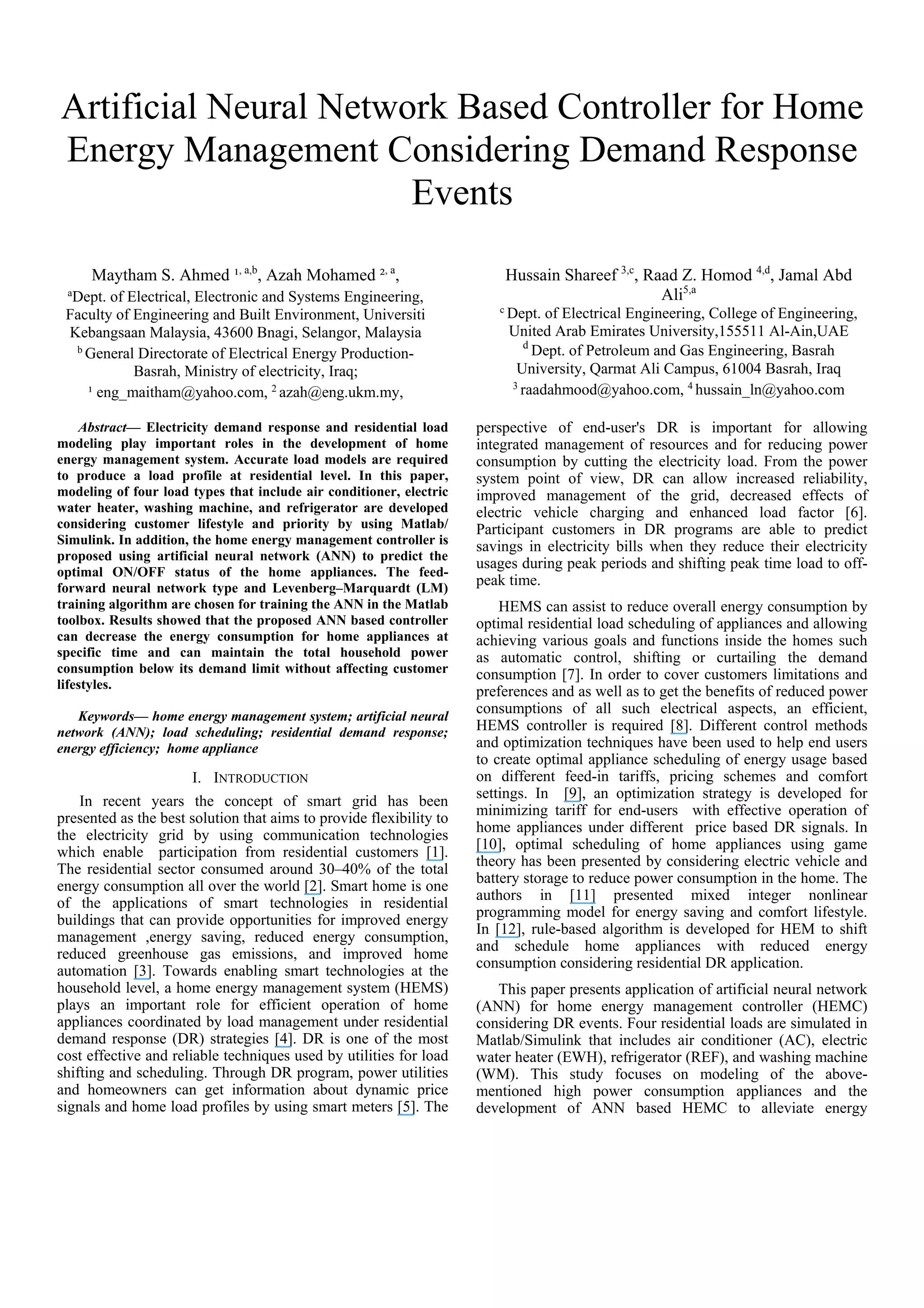 Artificial neural network based controller for home energy management considering demand ...
