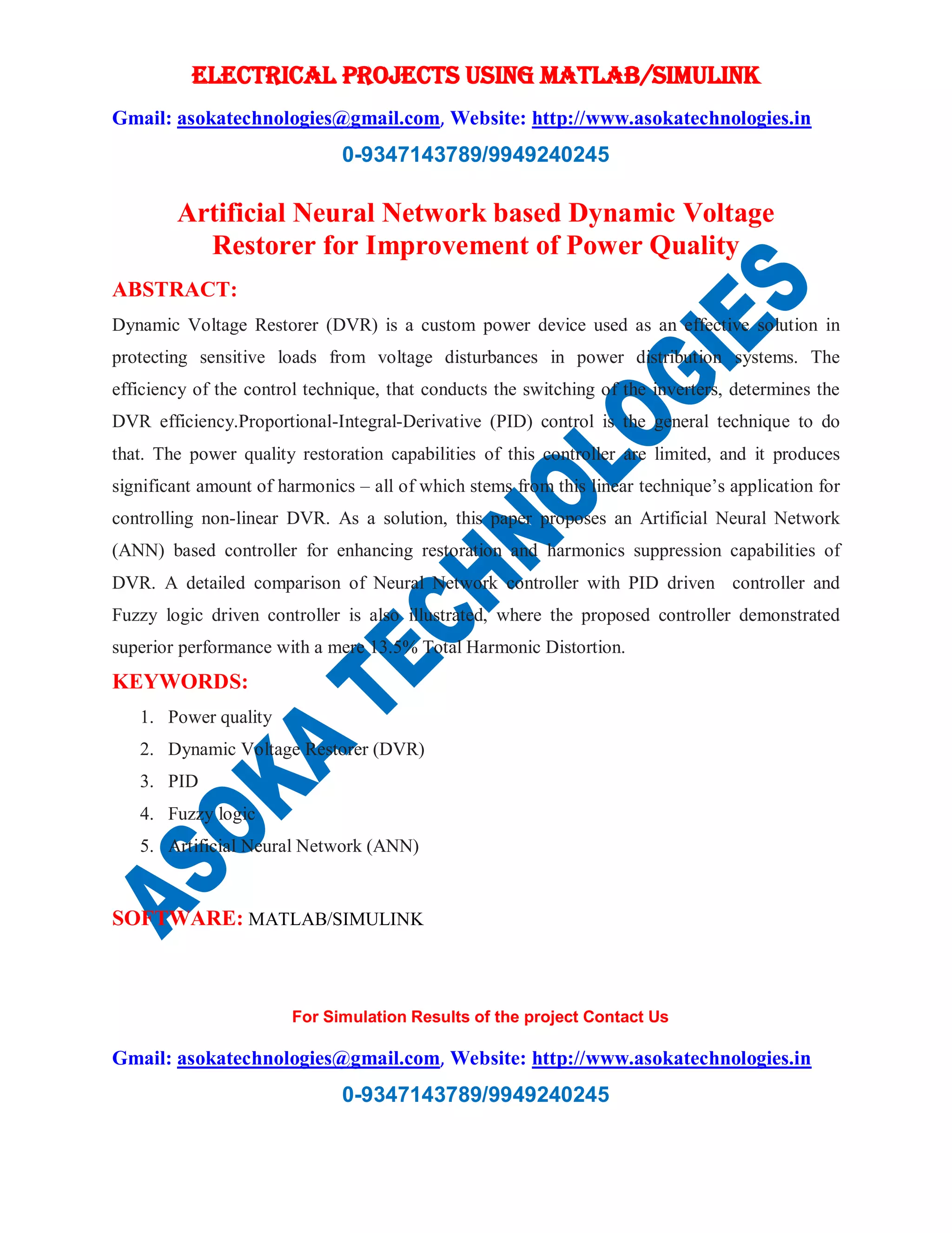 Artificial Neural Network based Dynamic Voltage Restorer for Improvement of Power Quality | PDF