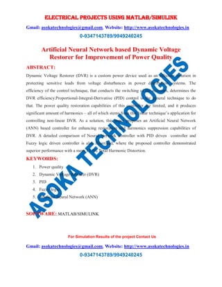 Artificial Neural Network based Dynamic Voltage Restorer for Improvement of Power Quality | PDF
