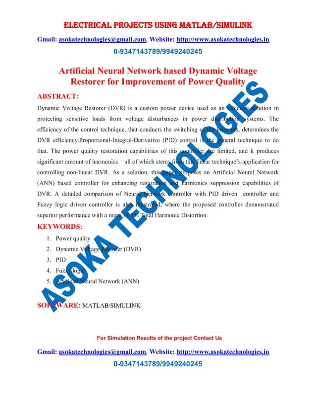 Artificial Neural Network based Dynamic Voltage Restorer for Improvement of Power Quality | PDF