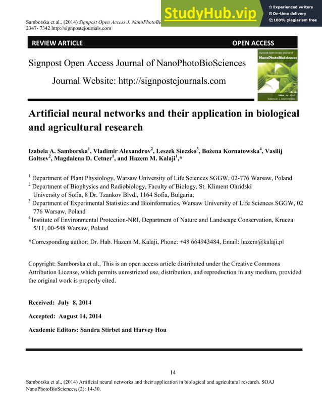 Artificial Neural Networks And Their Application In Biological And Agricultural Research | PDF