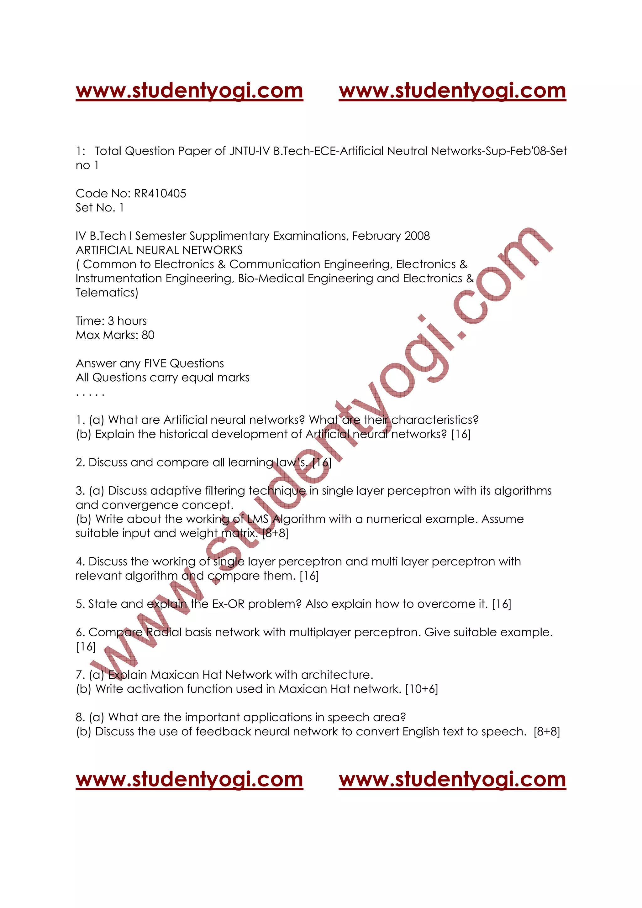 Artificial Neural Networks Jntu Model Paper{Www.Studentyogi.Com} | PDF