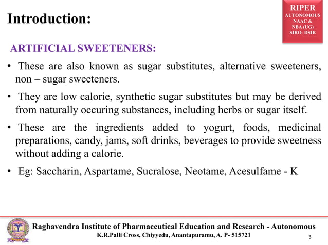 Artificial Sweeteners & Method of Analysis | PPTX | Chemistry | Science