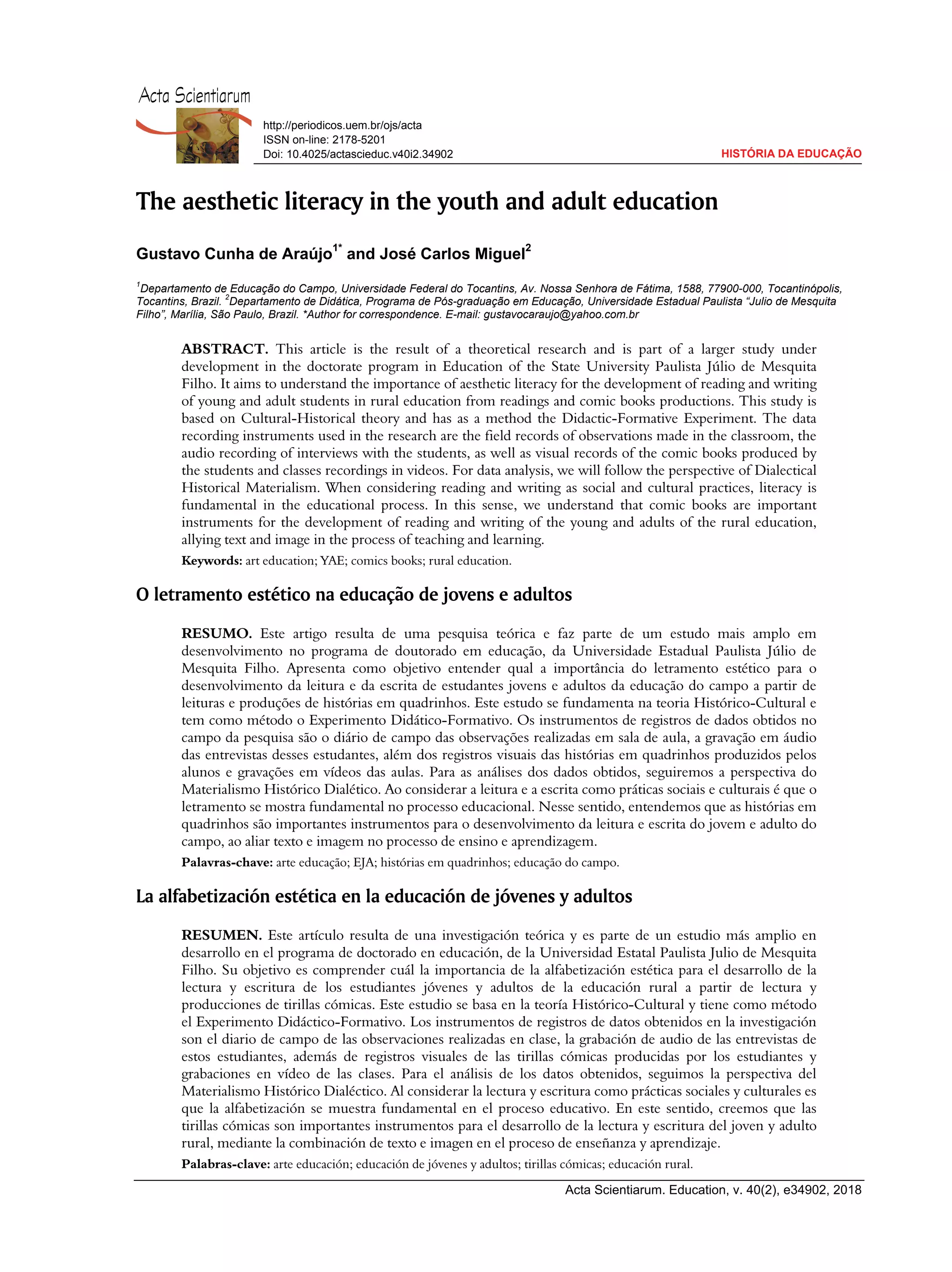 The aesthetic literacy in the youth and adult education | PDF