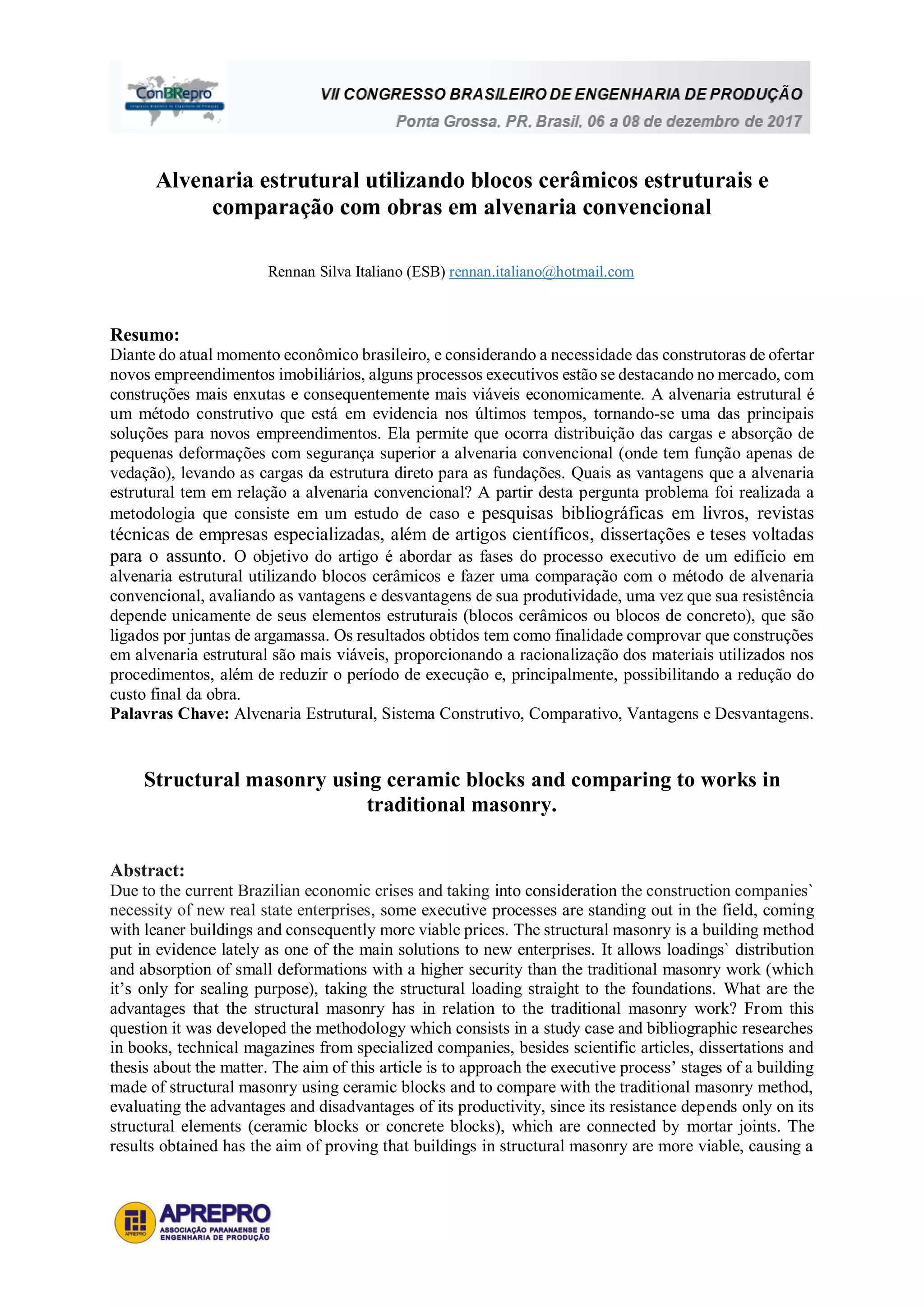 Artigo - Alvenaria estrutural vs Alvenaria convencional - Estudo de Caso | PDF