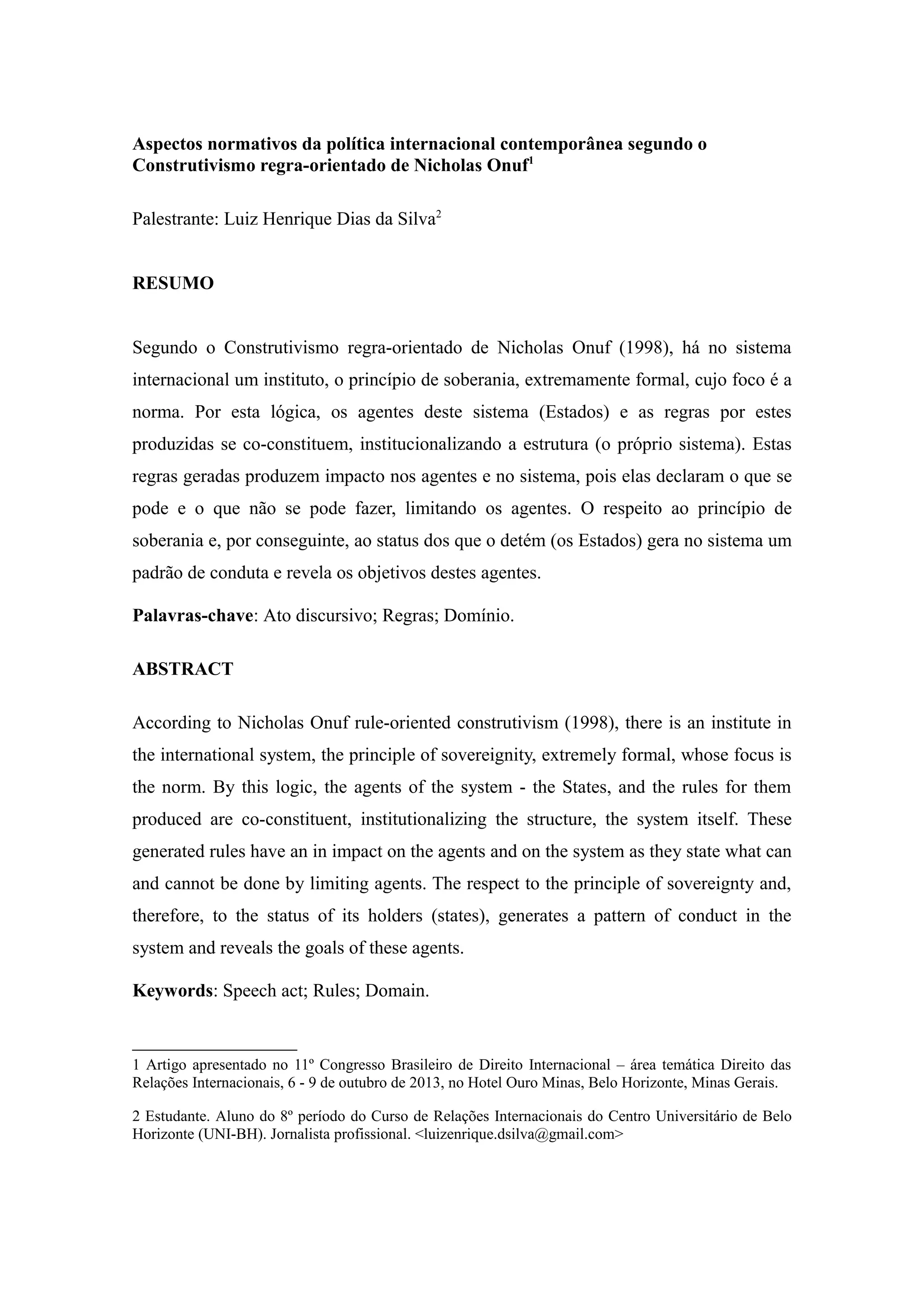 Aspectos normativos da política internacional contemporânea segundo o ...