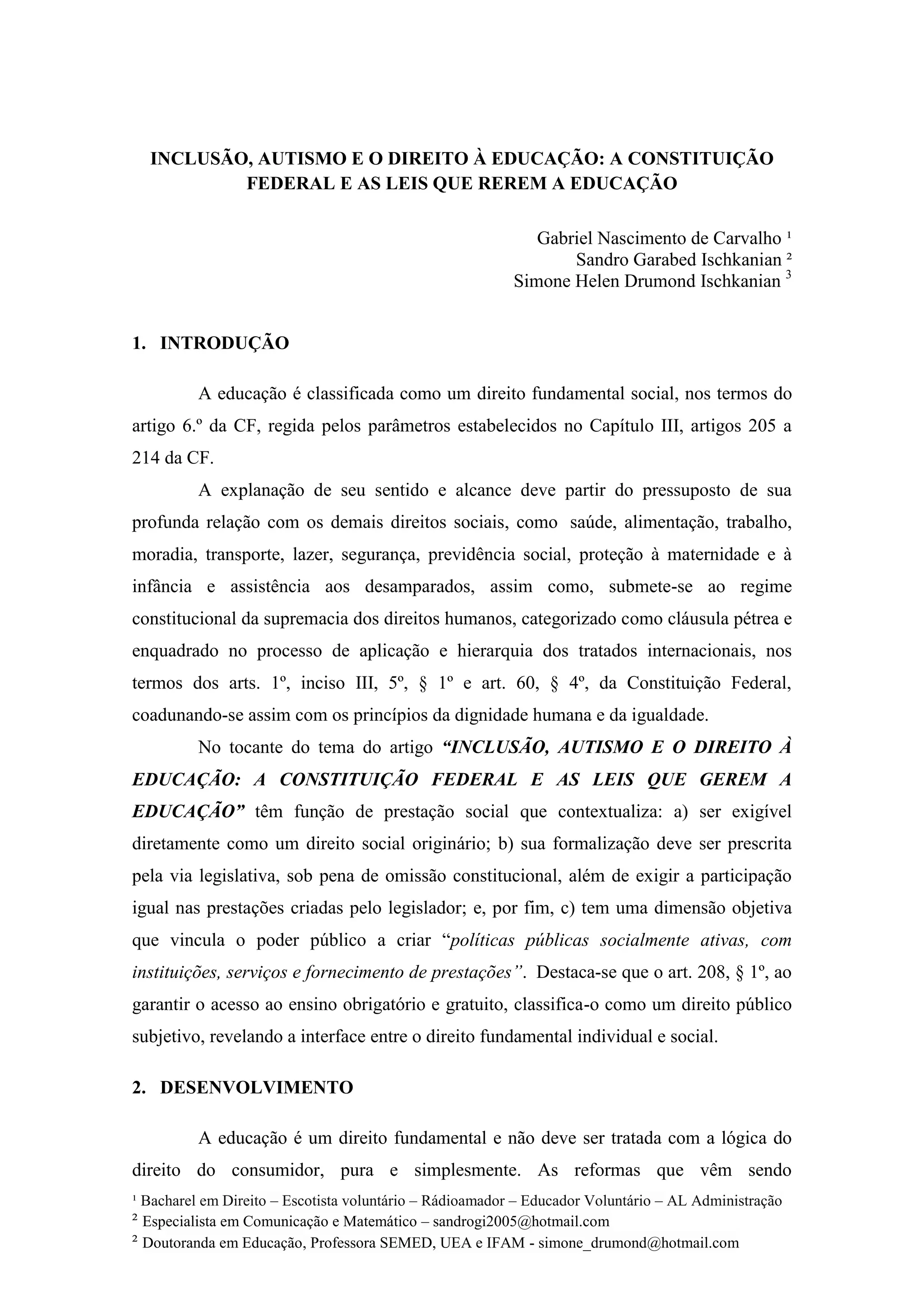 ARTIGO INCLUSÃO_AUTISMO E O DIREITO À EDUCAÇÃO A CONSTITUIÇÃO FEDERAL E ...