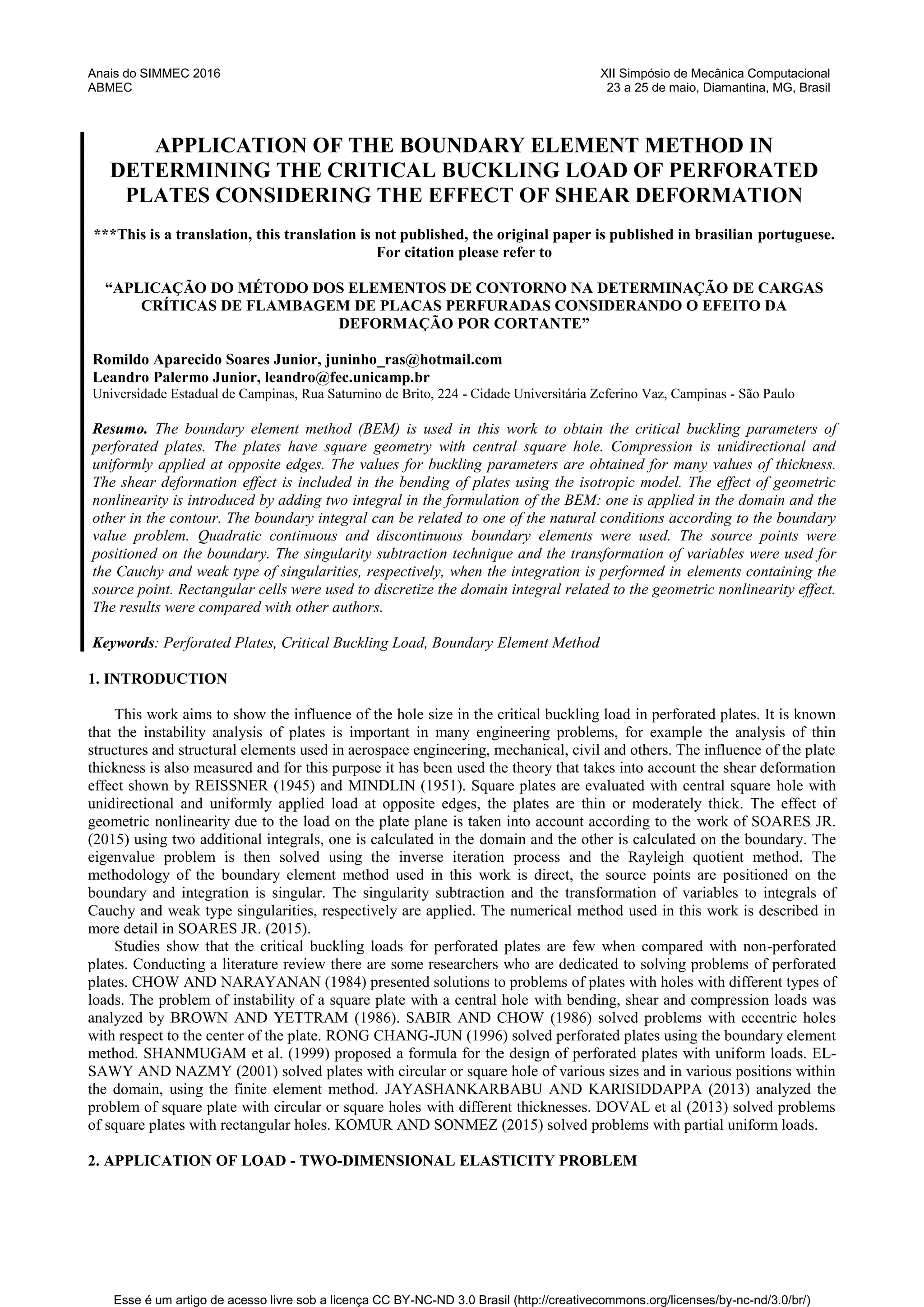 APPLICATION OF THE BOUNDARY ELEMENT METHOD IN DETERMINING THE CRITICAL BUCKLING LOAD OF ...