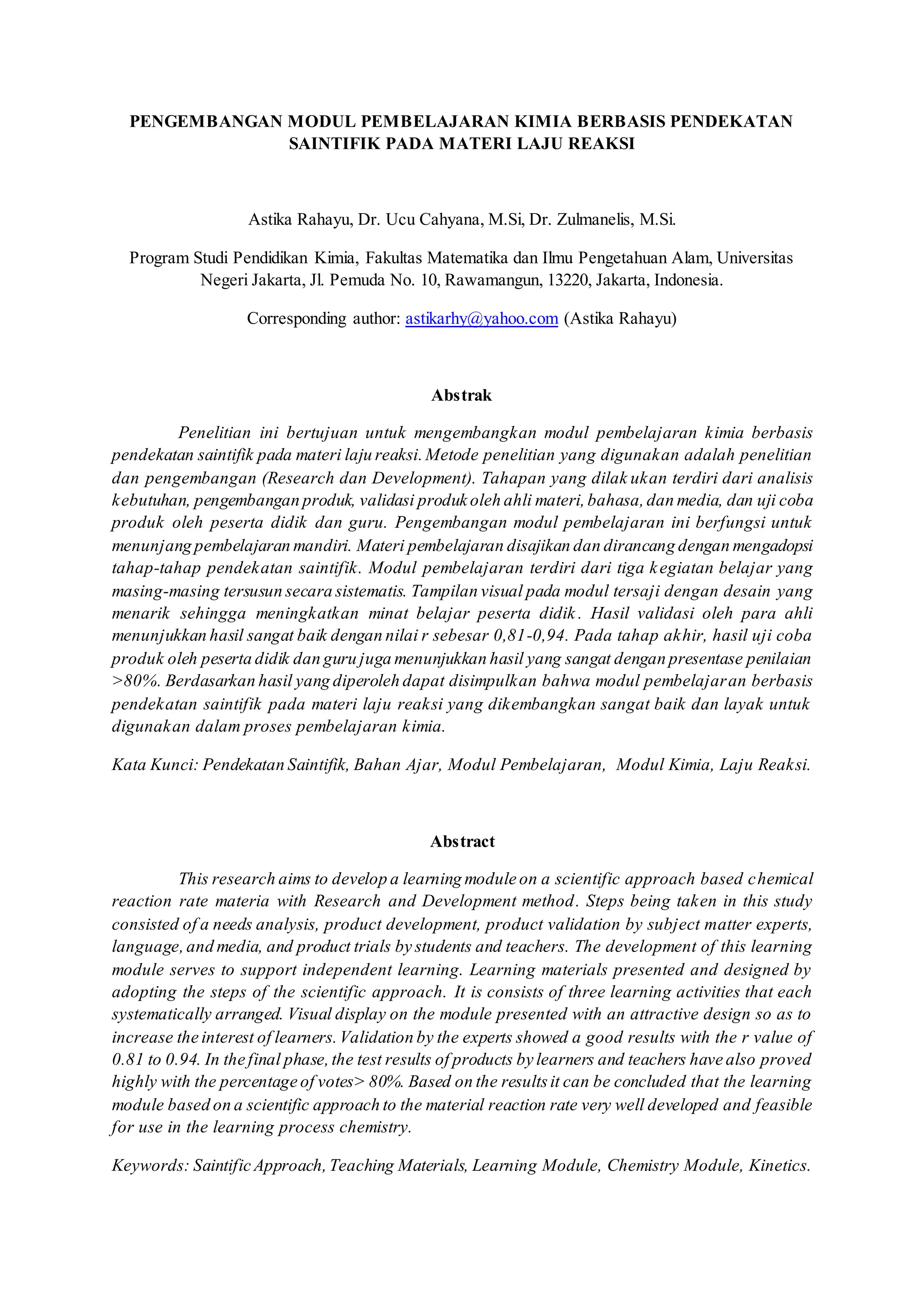 PENGEMBANGAN MODUL PEMBELAJARAN KIMIA BERBASIS PENDEKATAN SAINTIFIK PADA MATERI LAJU REAKSI | PDF