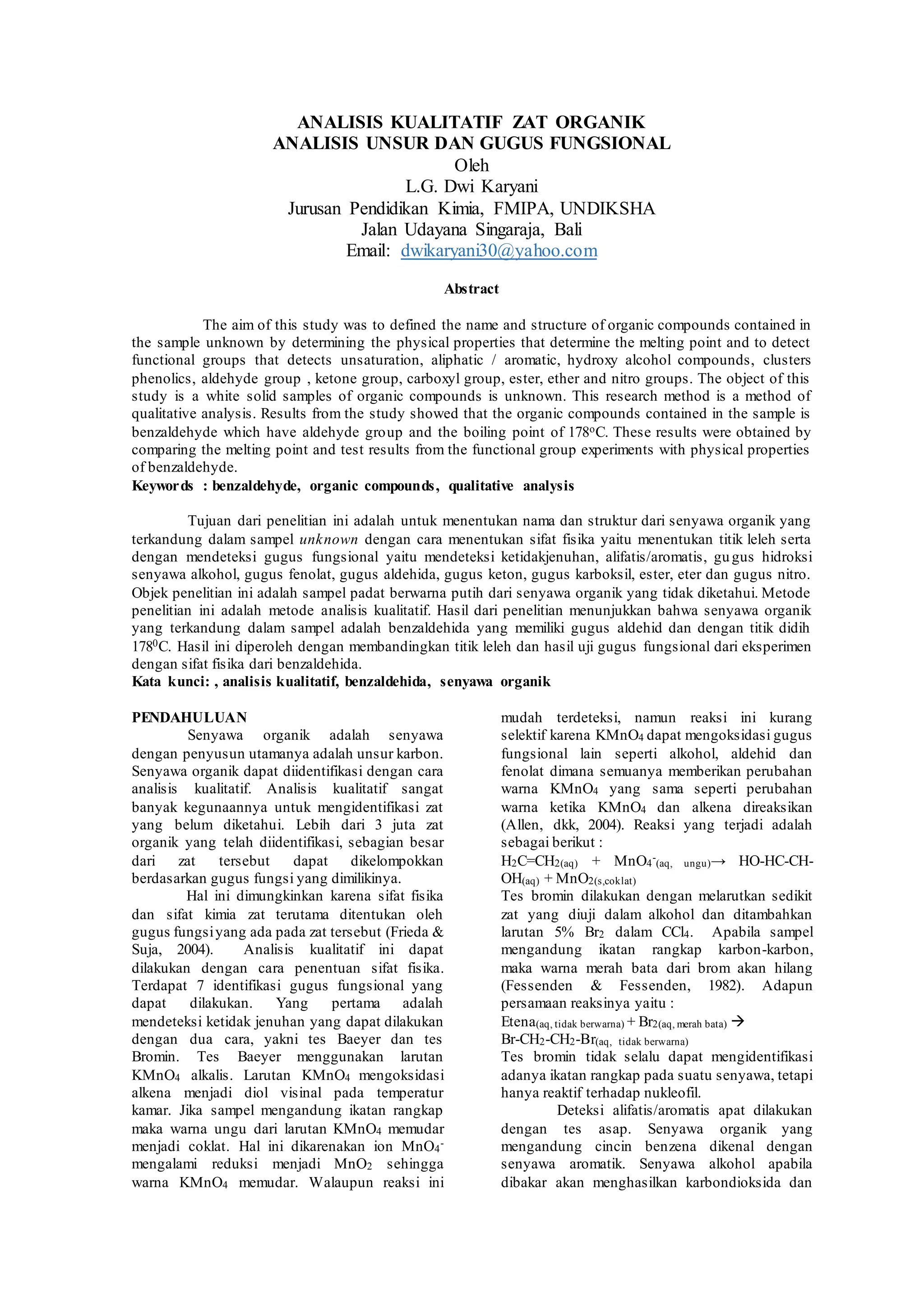 Artikel analisis kualitatif zat organik dwi karyani 1313031019 | DOCX