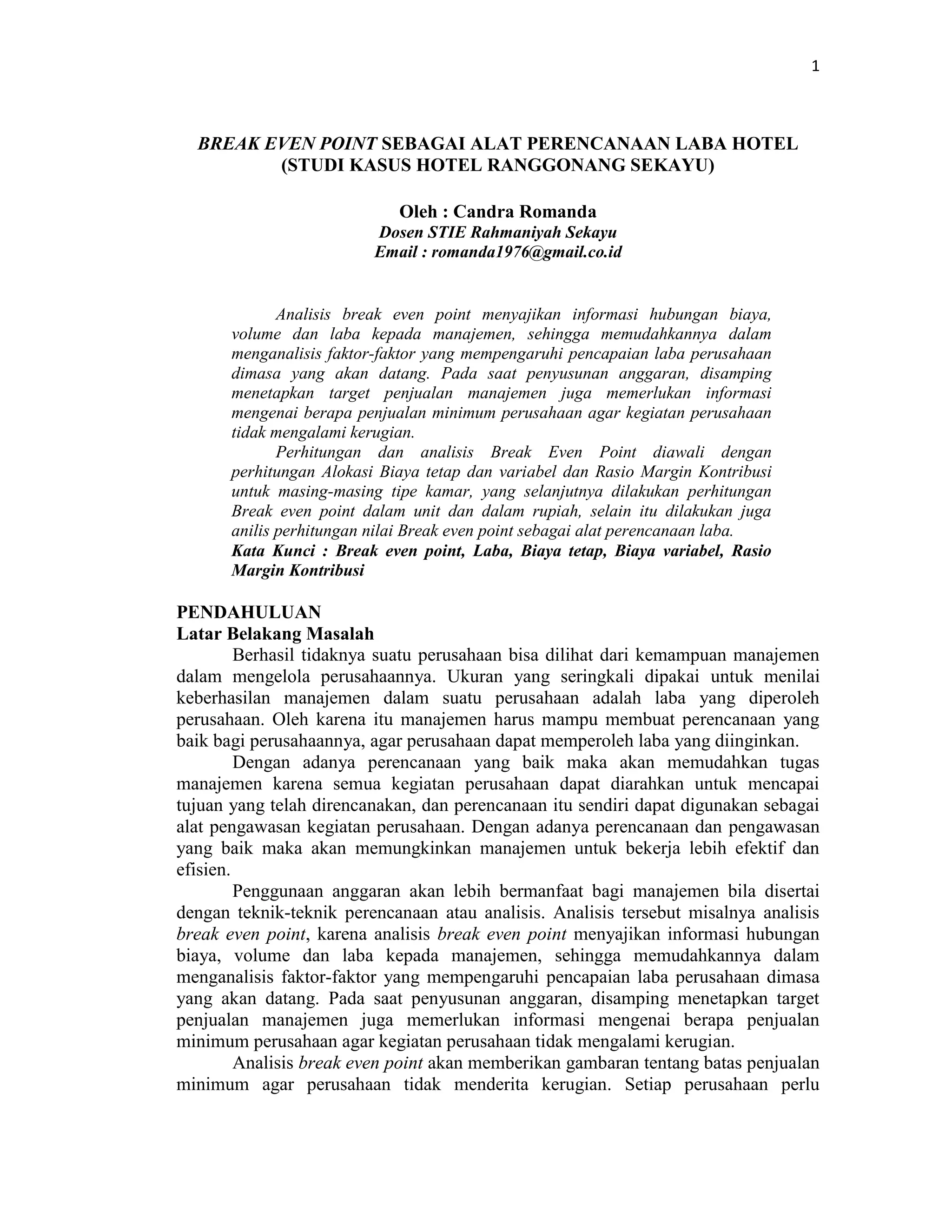 BREAK EVEN POINT SEBAGAI ALAT PERENCANAAN LABA HOTEL | PDF