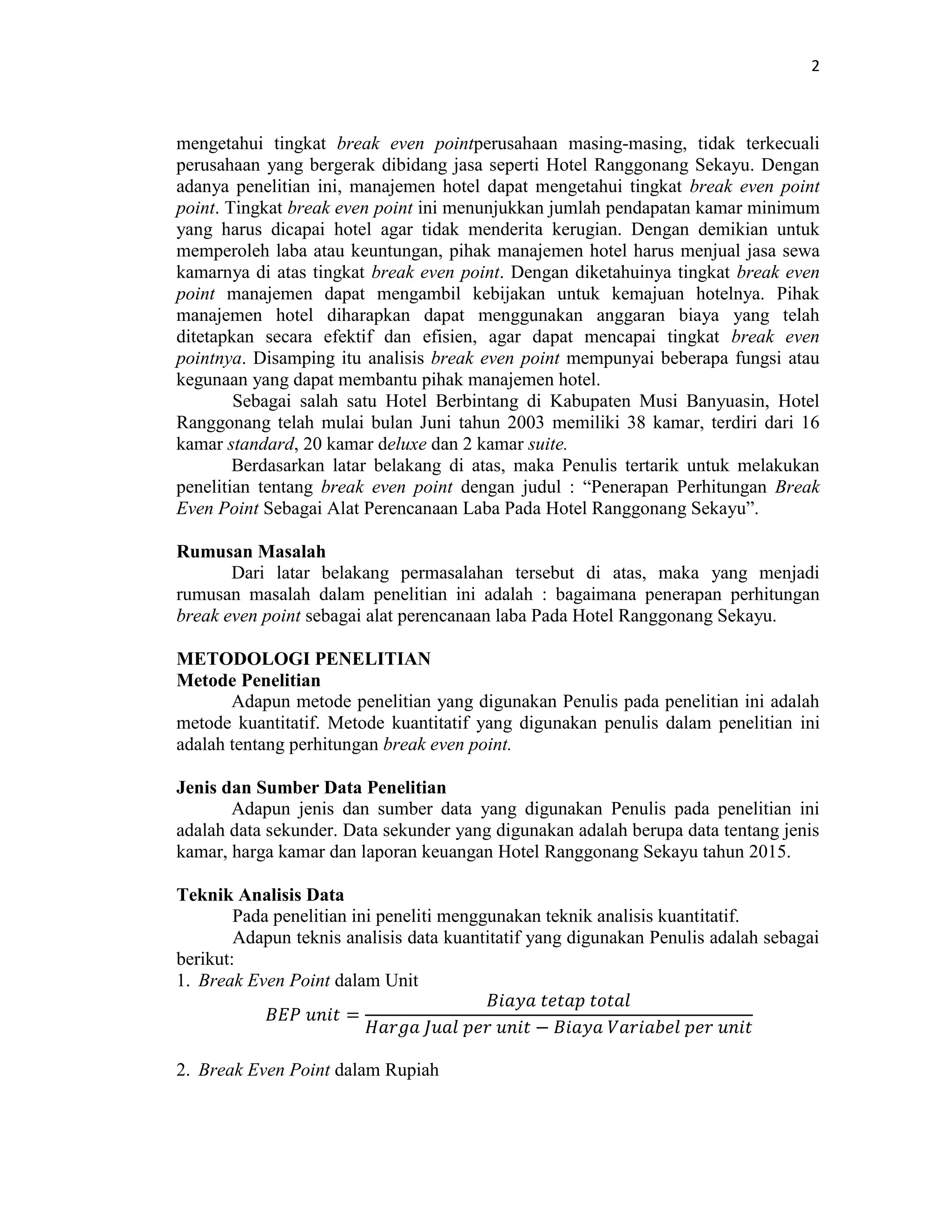 BREAK EVEN POINT SEBAGAI ALAT PERENCANAAN LABA HOTEL | PDF