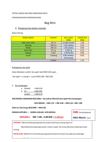 KIRAAN KOS Artikel mudah beg mini kemahiran hidup pengurusan diri | DOCX