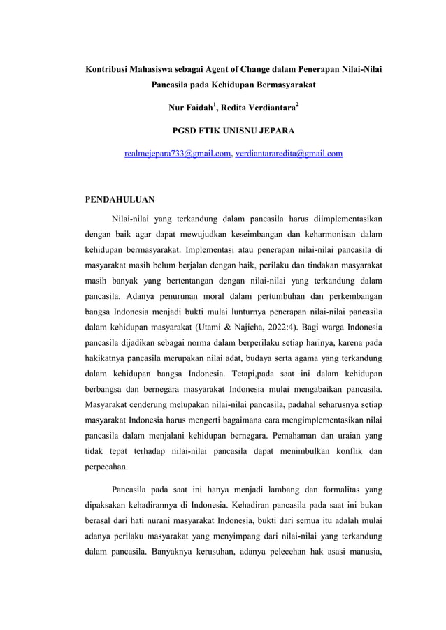Kontribusi Mahasiswa sebagai Agent of Change dalam Penerapan Nilai-Nilai Pancasila pada ...