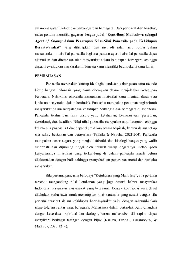 Kontribusi Mahasiswa sebagai Agent of Change dalam Penerapan Nilai-Nilai Pancasila pada ...