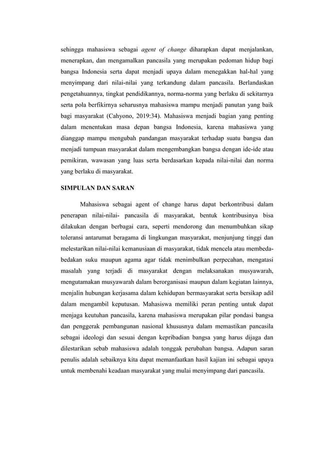 Kontribusi Mahasiswa sebagai Agent of Change dalam Penerapan Nilai-Nilai Pancasila pada ...