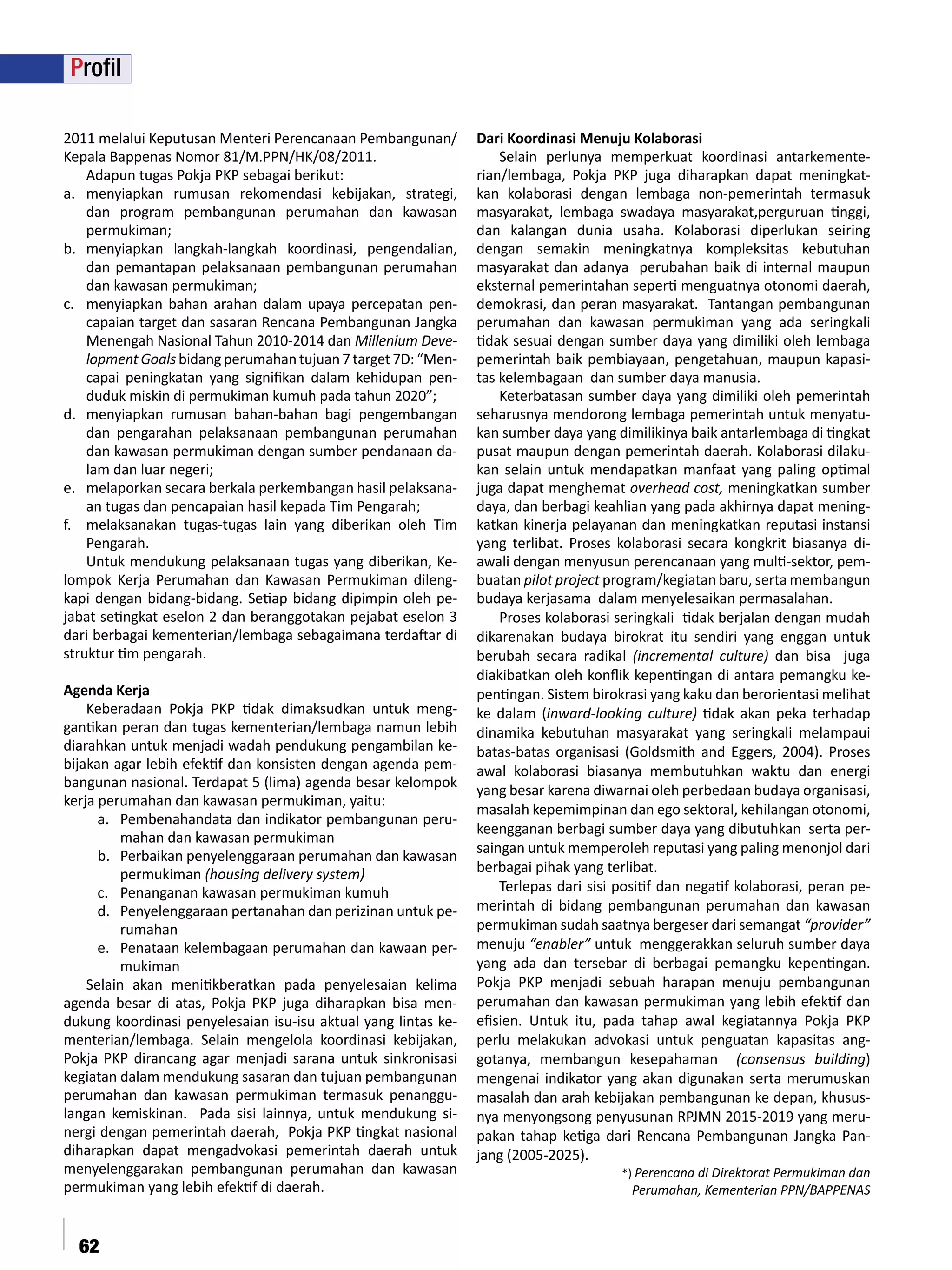 Kelompok Kerja Perumahan dan Kawasan Permukiman. Memperkuat Koordinasi Menuju Kolaborasi | PDF