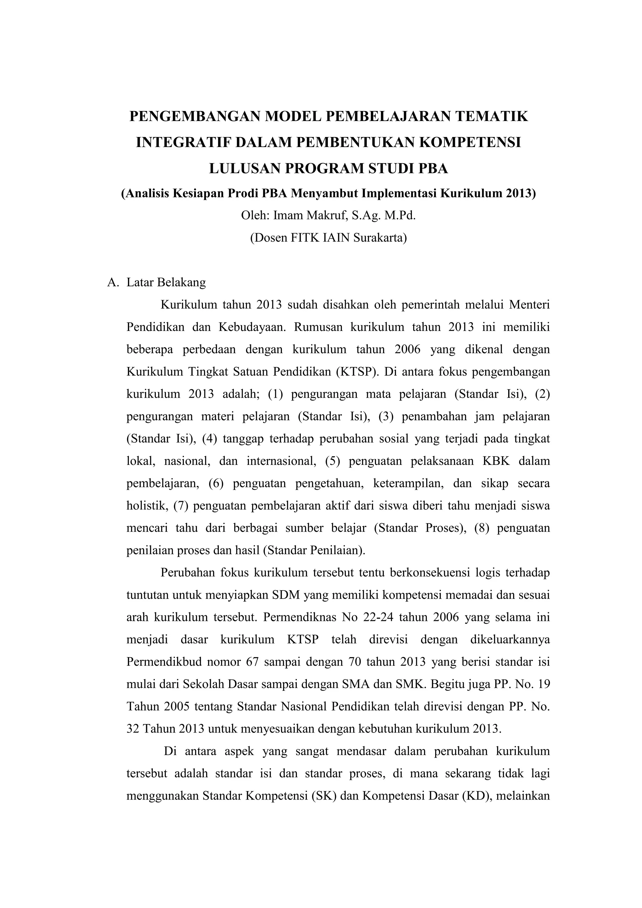 Pengembangan model pembelajaran tematik integratif | PDF