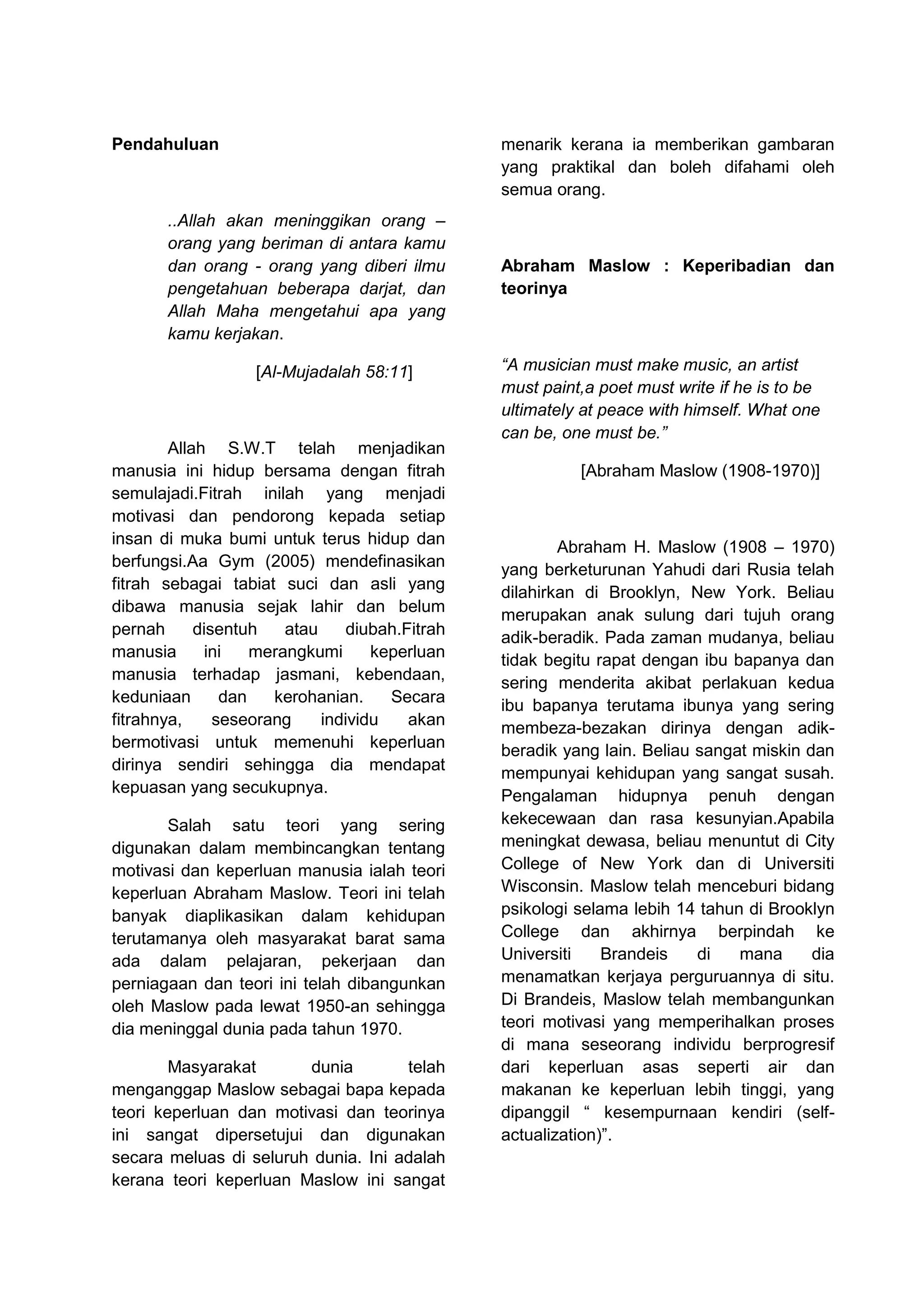 Teori hierarki keperluan maslow menurut pandangan islam | DOCX