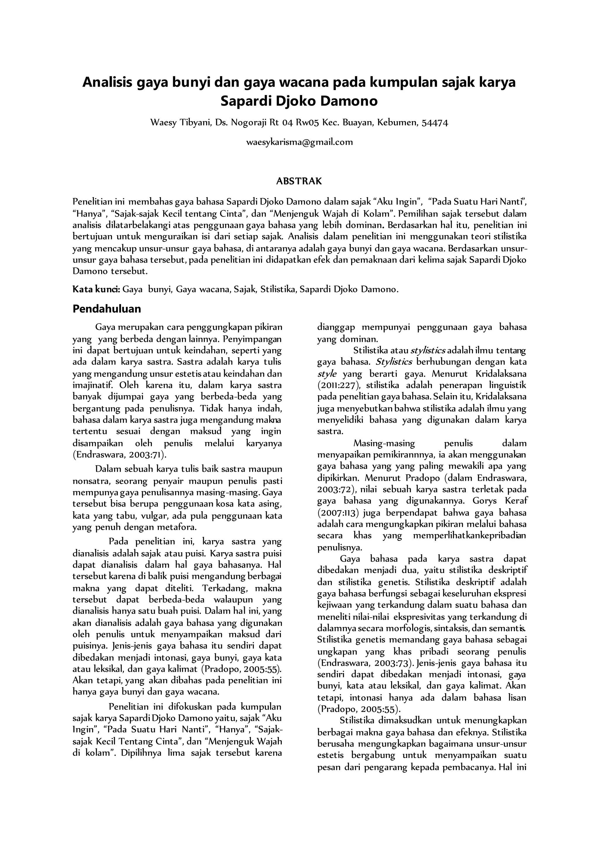Analisis Gaya Bunyi dan Gaya Wacana Pada Kumpulan Sajak Sapardi Djoko ...