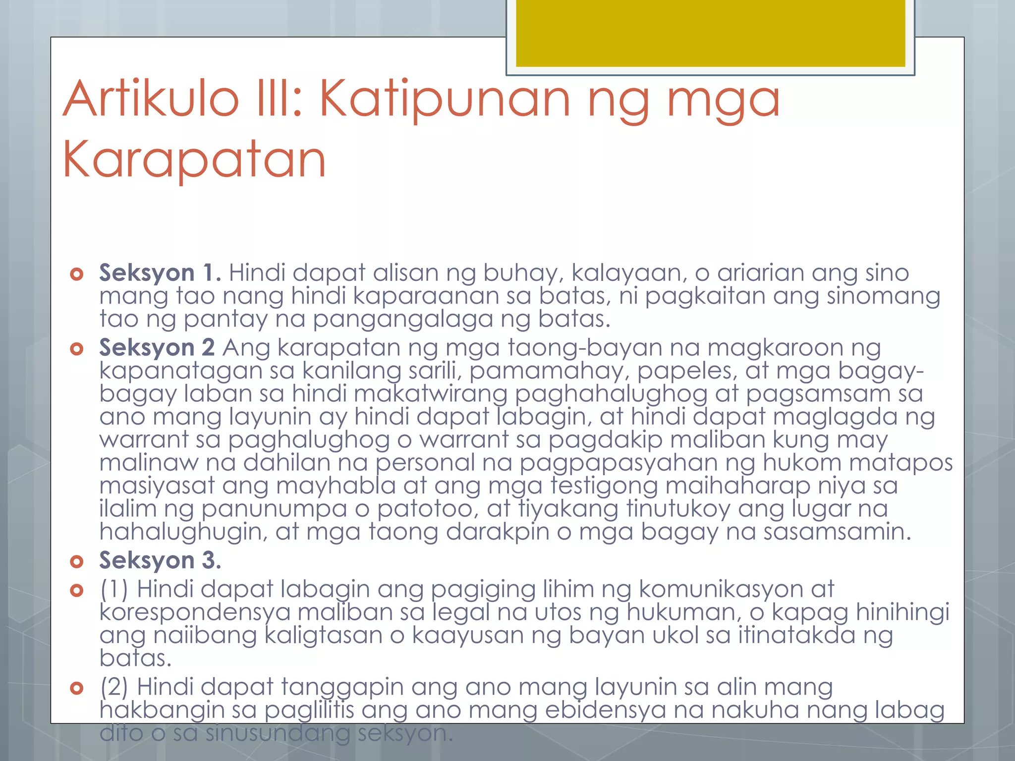 Artikulo III- Saligang Batas ng Pilipinas 1987 | PPTX