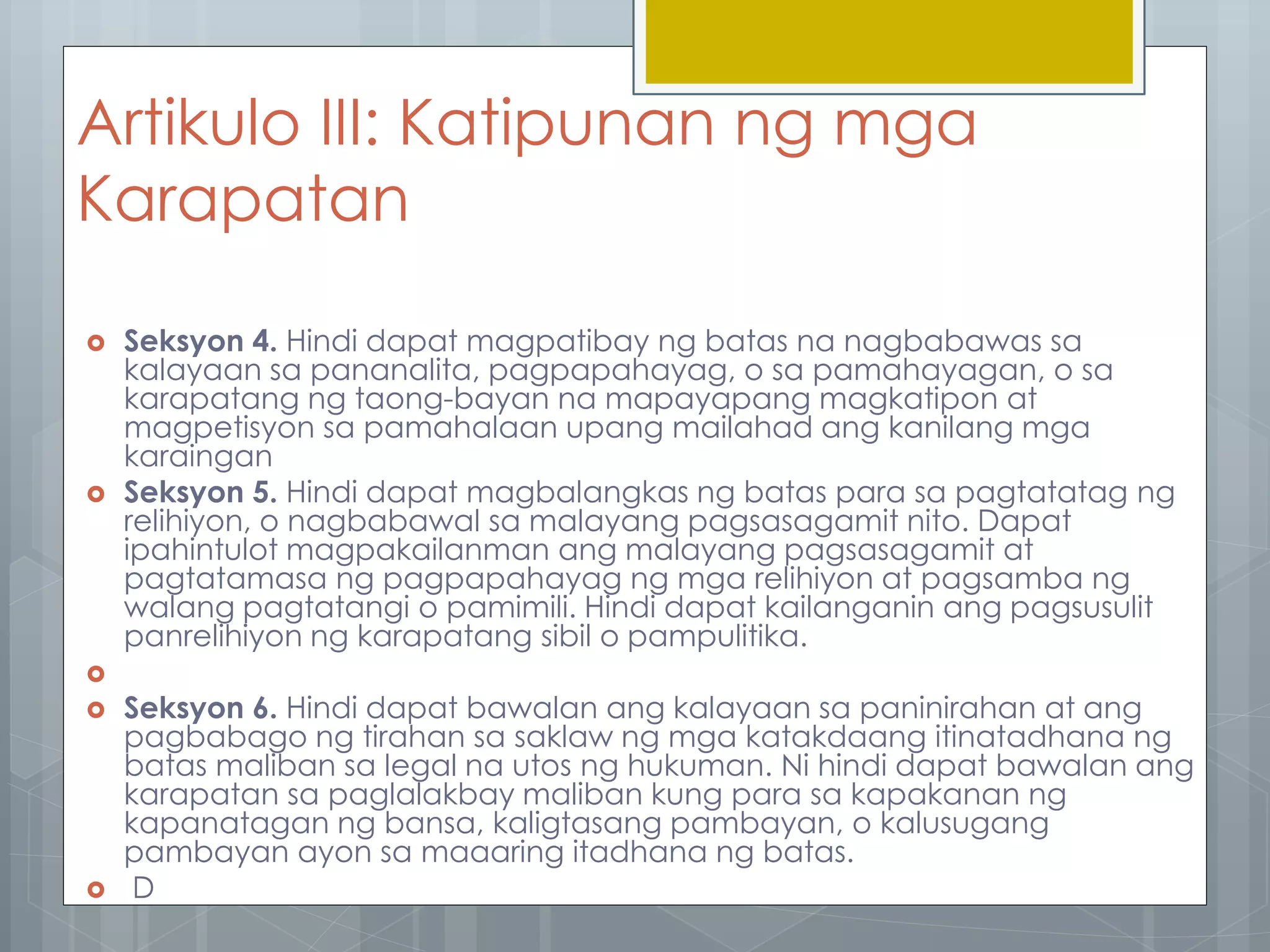 Artikulo III- Saligang Batas ng Pilipinas 1987 | PPTX