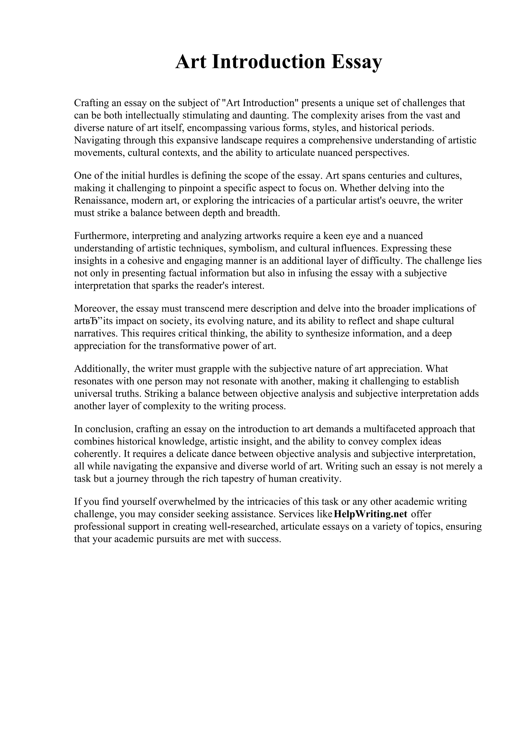 Art Introduction Essay. University of Denver | PDF