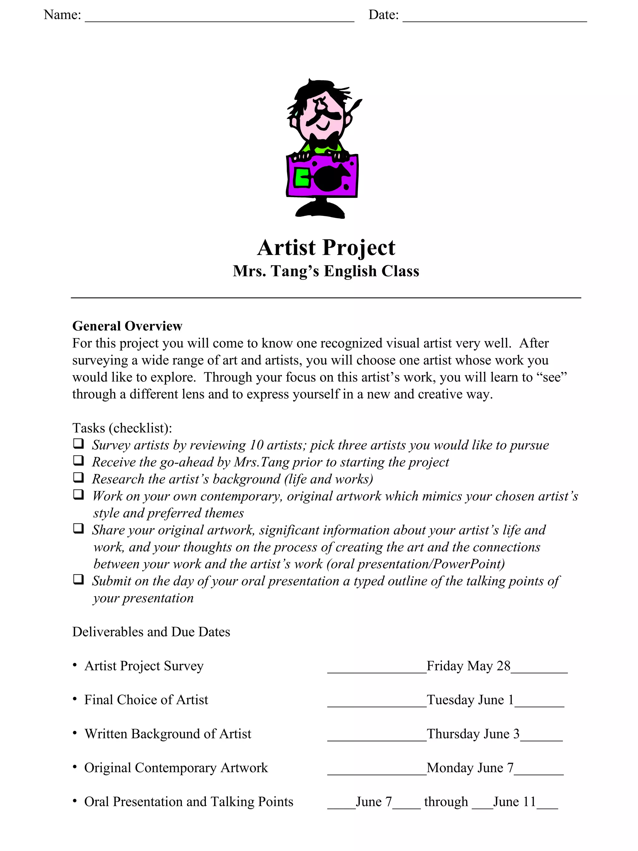 Artists project worksheets | PDF