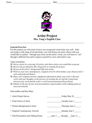 Artists project worksheets | PDF