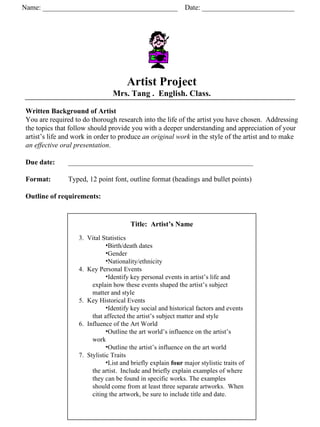 Artists project worksheets | PDF