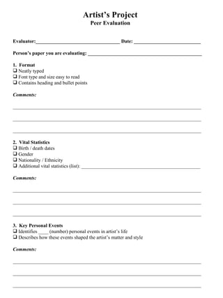 Artists project worksheets | PDF