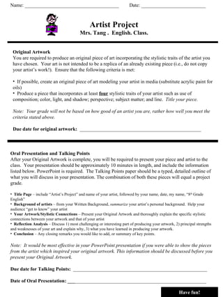 Artists project worksheets | PDF