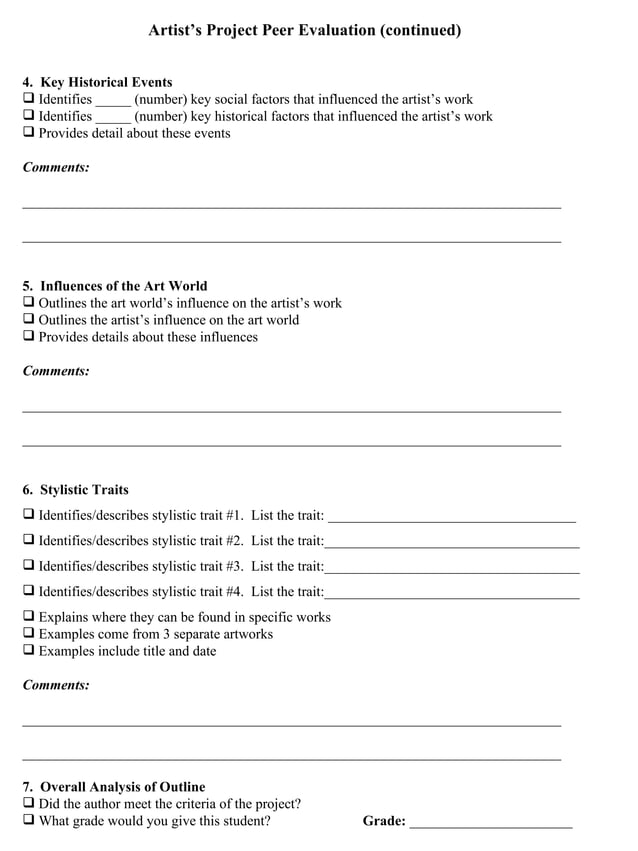 Artists project worksheets