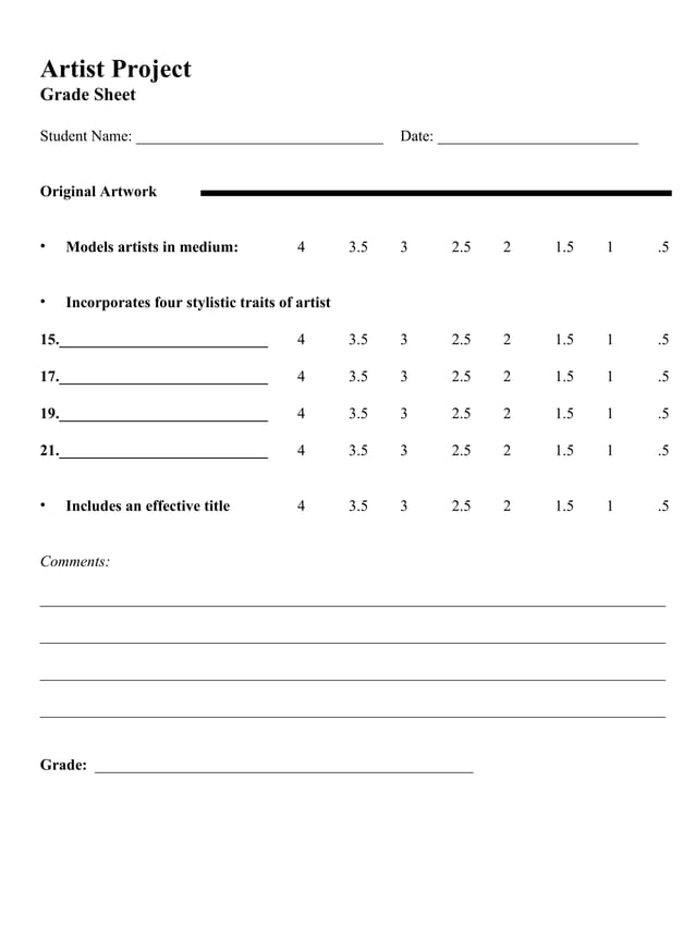 Artists project worksheets