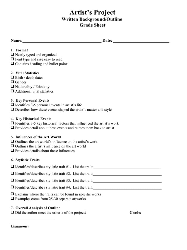 Artists project worksheets
