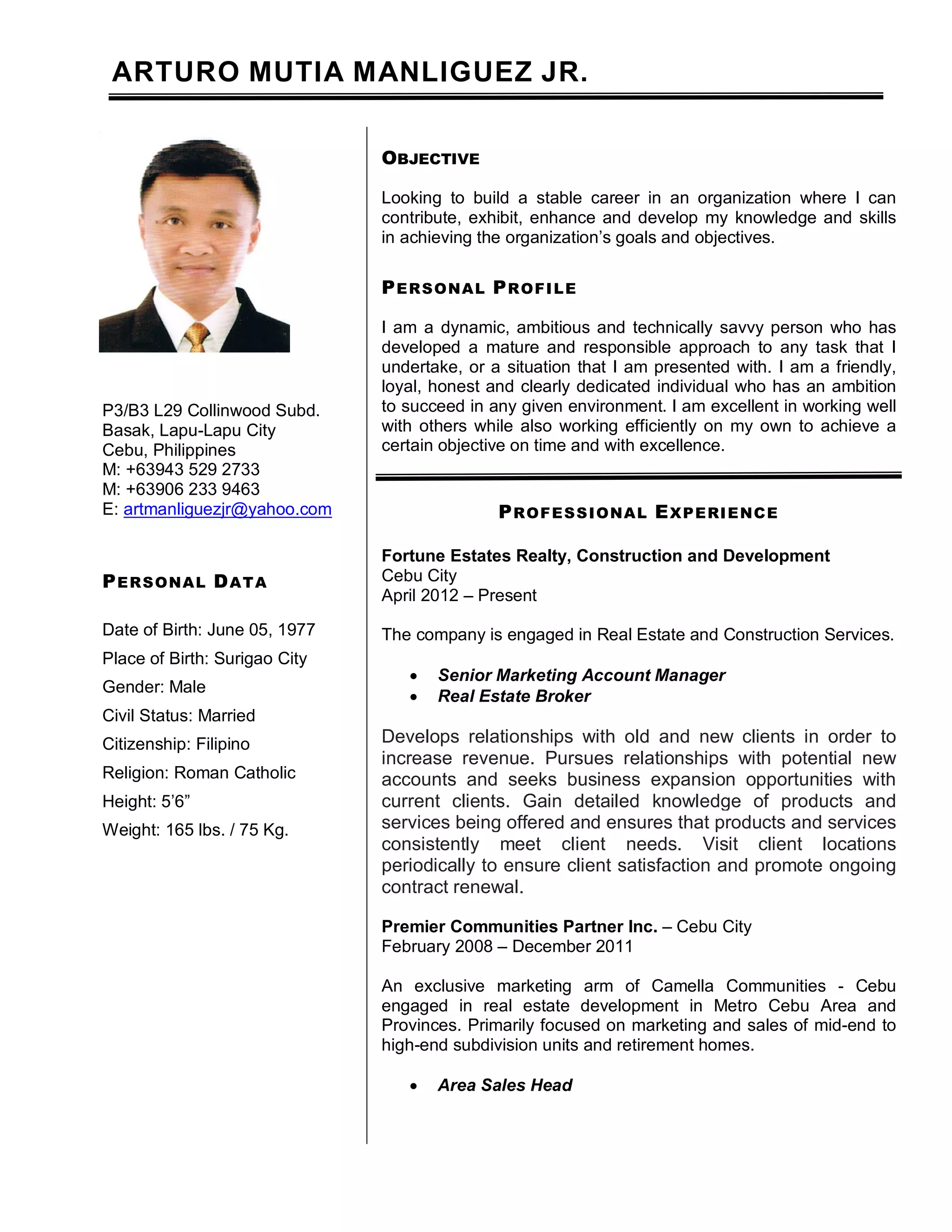 Art Manliguez CV | PDF | Real Estate Industry | Industries