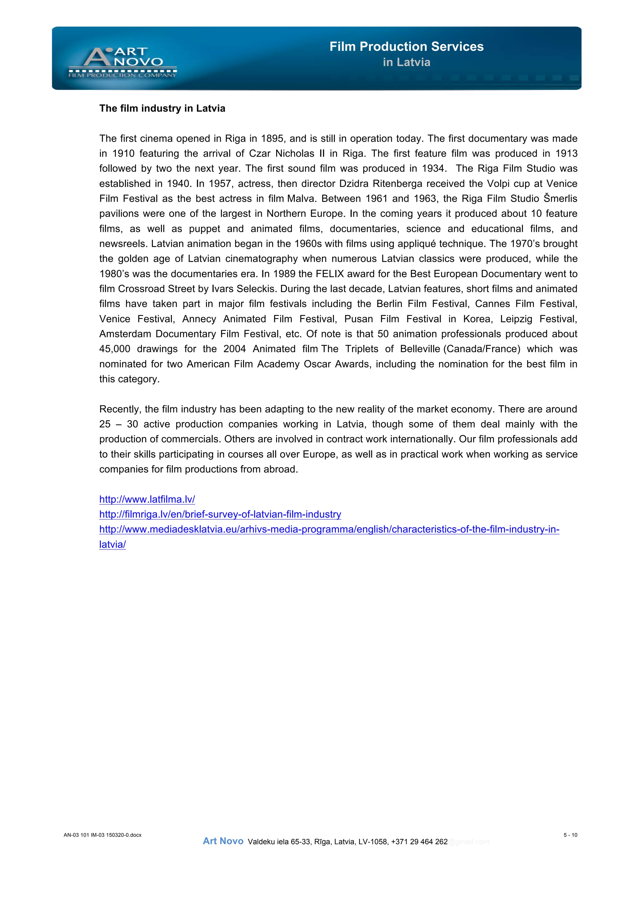 Art novo film production in latvia | PDF