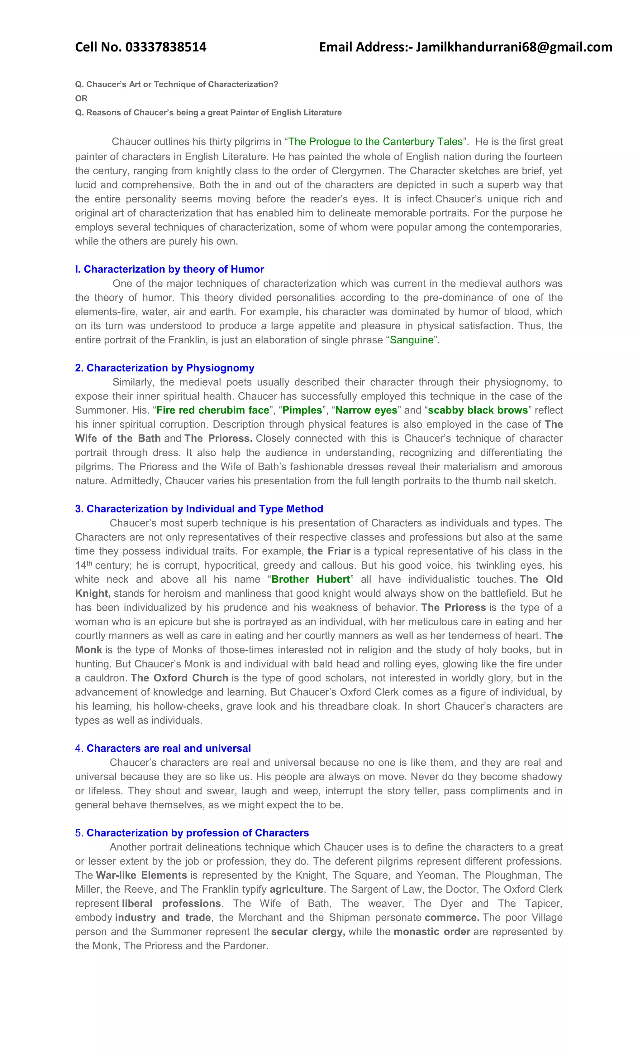 Art of characterization of Canterbury Tales | PDF