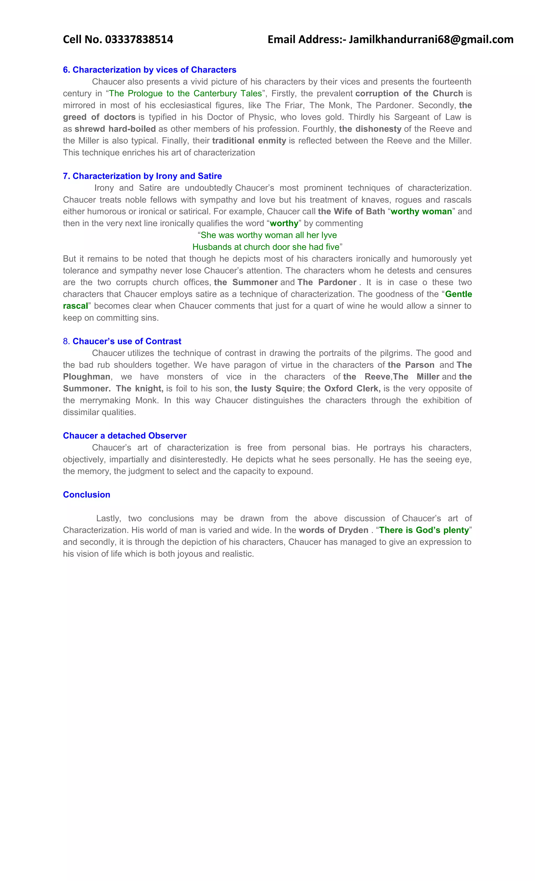 Art of characterization of Canterbury Tales | PDF