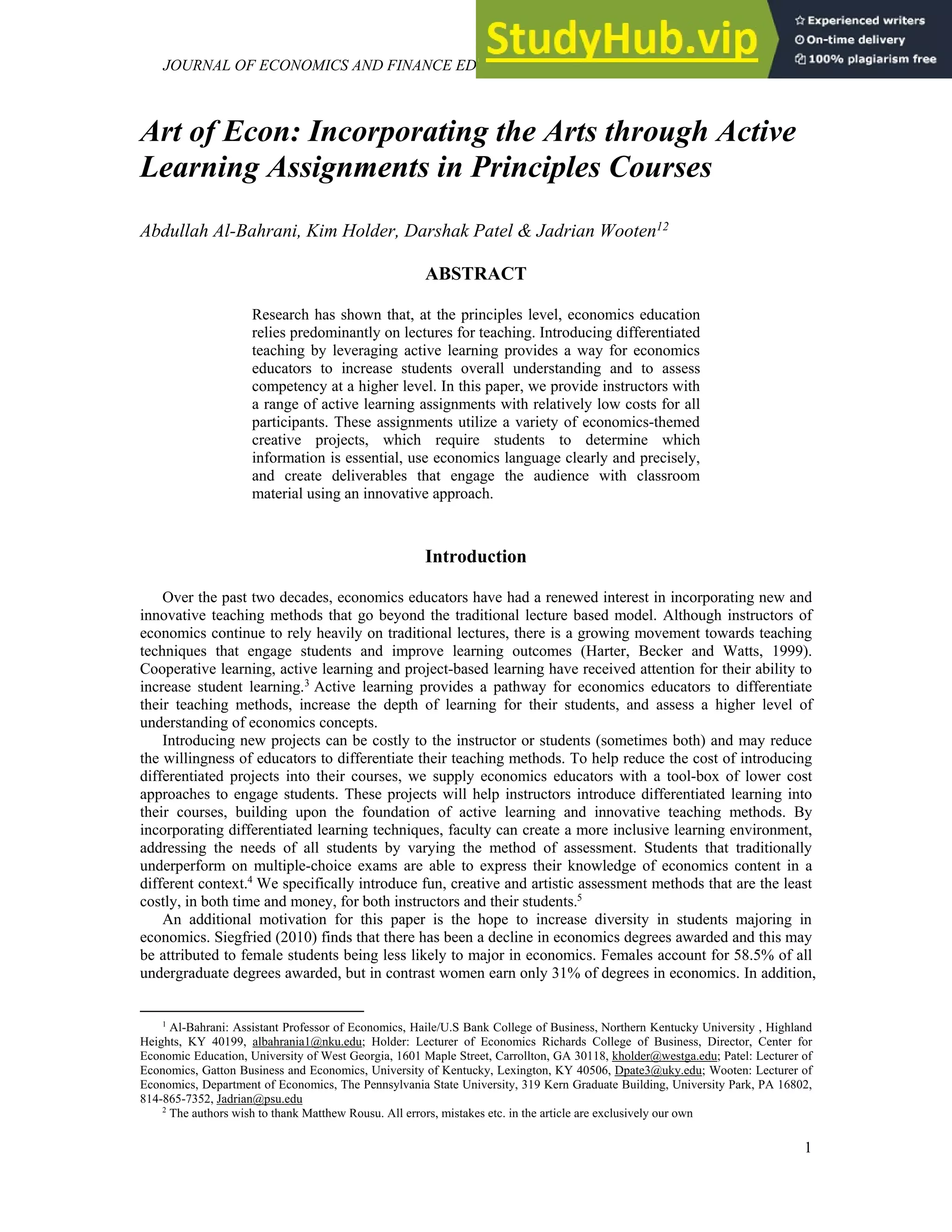 Art Of Econ Incorporating The Arts Through Active Learning Assignments ...