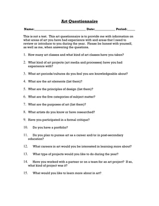 Art Questionnaire Student Survey | PDF