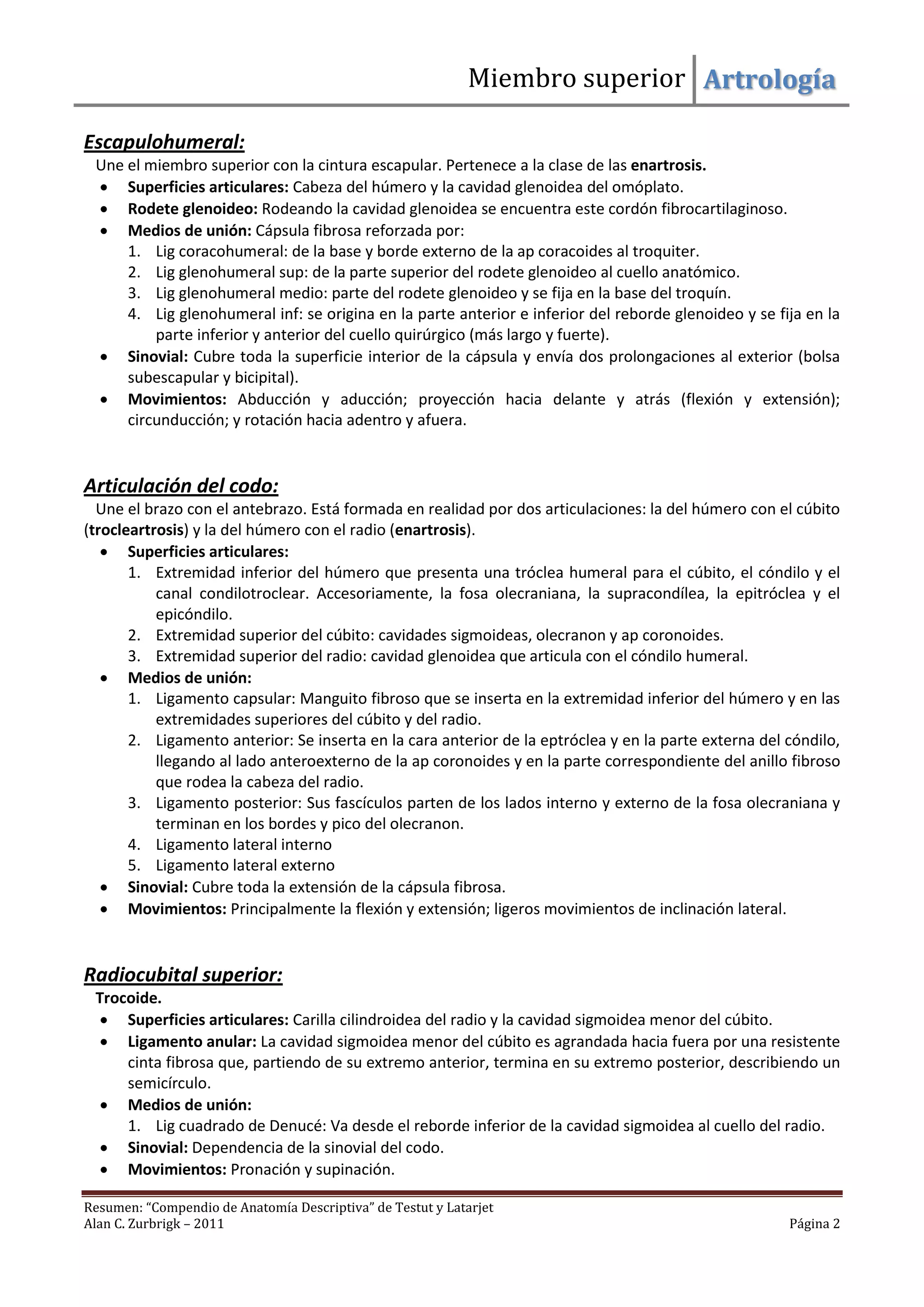 Artrología, miembro superior | PDF