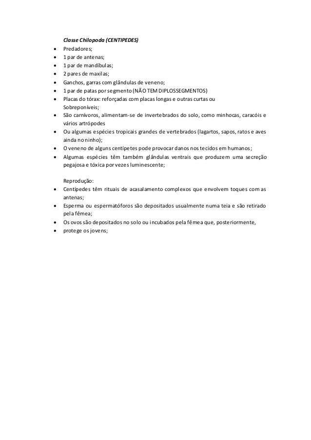 RESUMO ESTUDOS - Phylum Arthropoda -SUBFILO: UNIRAMIA: MILÍPEDES E CE…